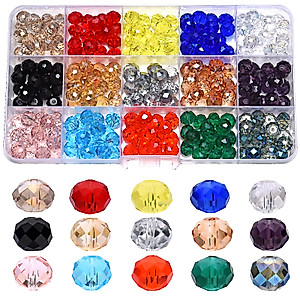 MEIUIJQ 10mm Briolette 225Pcs Crystal Glass Beads Faceted Rondelle Shape Colourful AB Crystal Spacer Beads for Bracelet Necklace Decorative Hand Jewelry Making with Container Box (15 Colors)