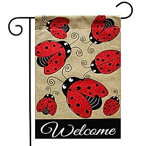 Ladybug Gathering Burlap Spring Garden Flag Welcome 12.5" x 18" Briarwood Lane