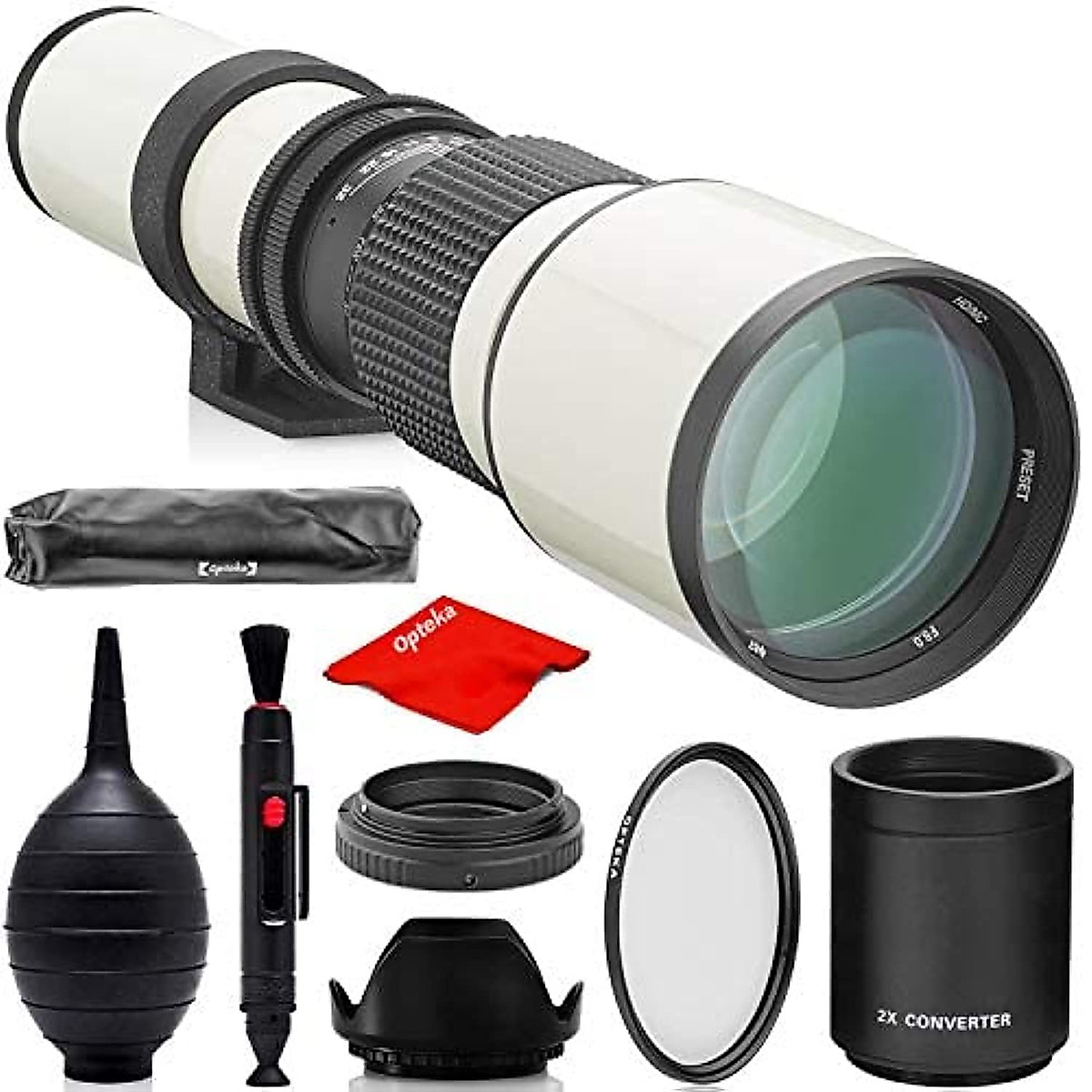 Opteka 500mm/1000mm f/8 Manual Telephoto Lens for Canon EF EOS 90D, 80D, 77D, 70D, 60D, 60Da, 1Ds, Mark III II 7D, 6D, 5D, 5DS, Rebel T8i, T7i, T7s, T7, T6s, T6i, T6, T5i, T5, T4i, SL3, SL2 (White)