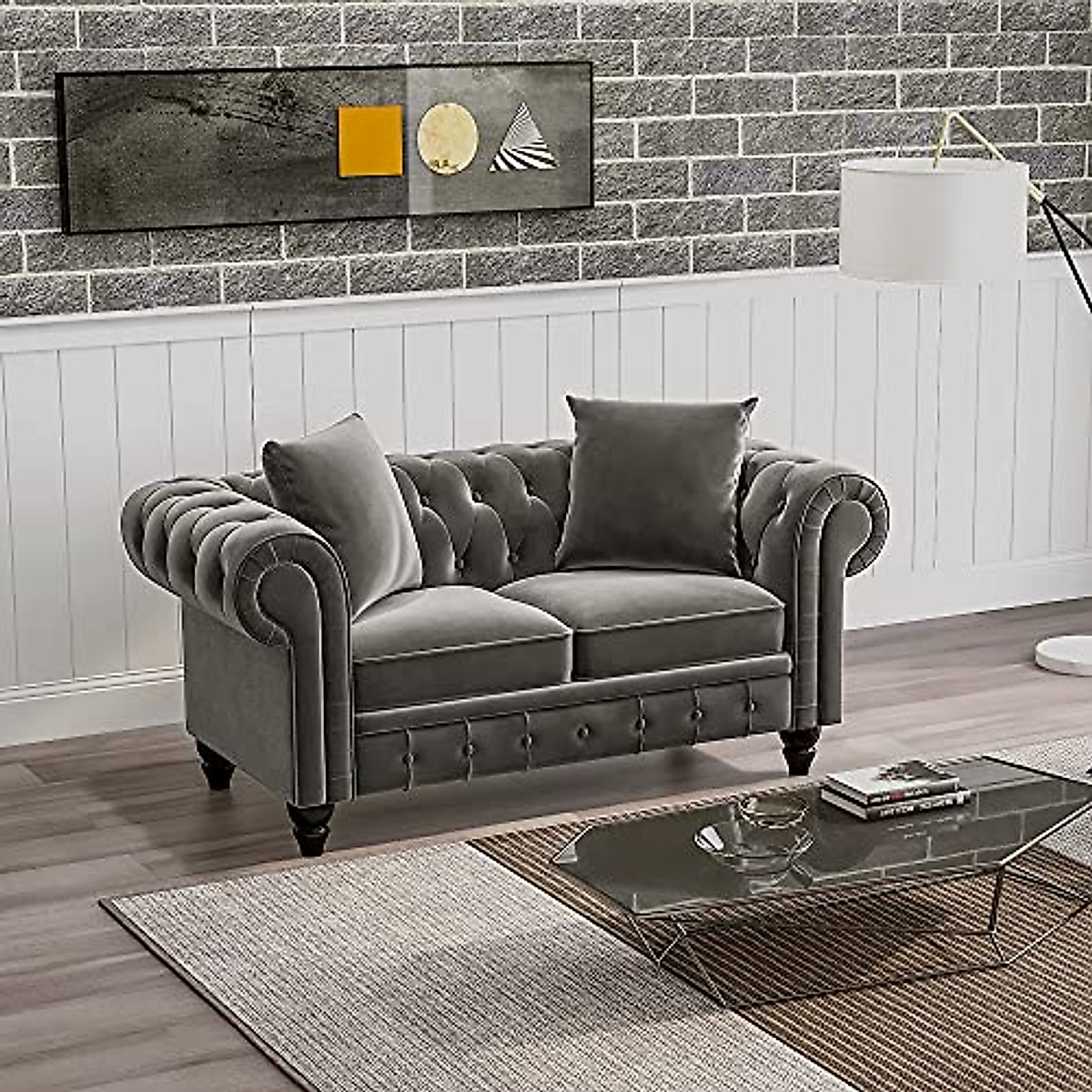 OYN 63" Chesterfield Sofa & Couch Deep Seat Button Tufted Velvet Loveseat Upholstered 2 Seater Sofa Classic Roll Arm, 2 Pillows Included, Grey