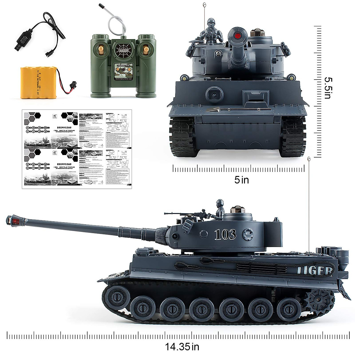 Rc Tanks,1:28 WW2 German Tiger Army Tank Toys for Boys,9 Channels Remote Control Vehicles with Sound and Light,RC Military Toys for Kids Boys Girls(Gray)