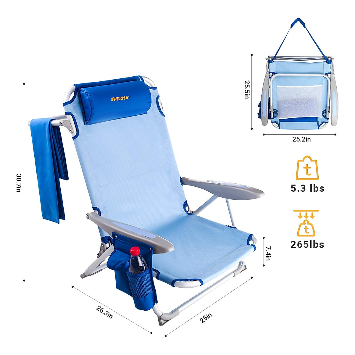 #WEJOY 4-Position Portable Reclining Beach Chair Lay Flat Stable Lightweight Folding Beach Chair with Removable Pillow, Side Pockets, Shoulder Strap, Supports 265 lbs
