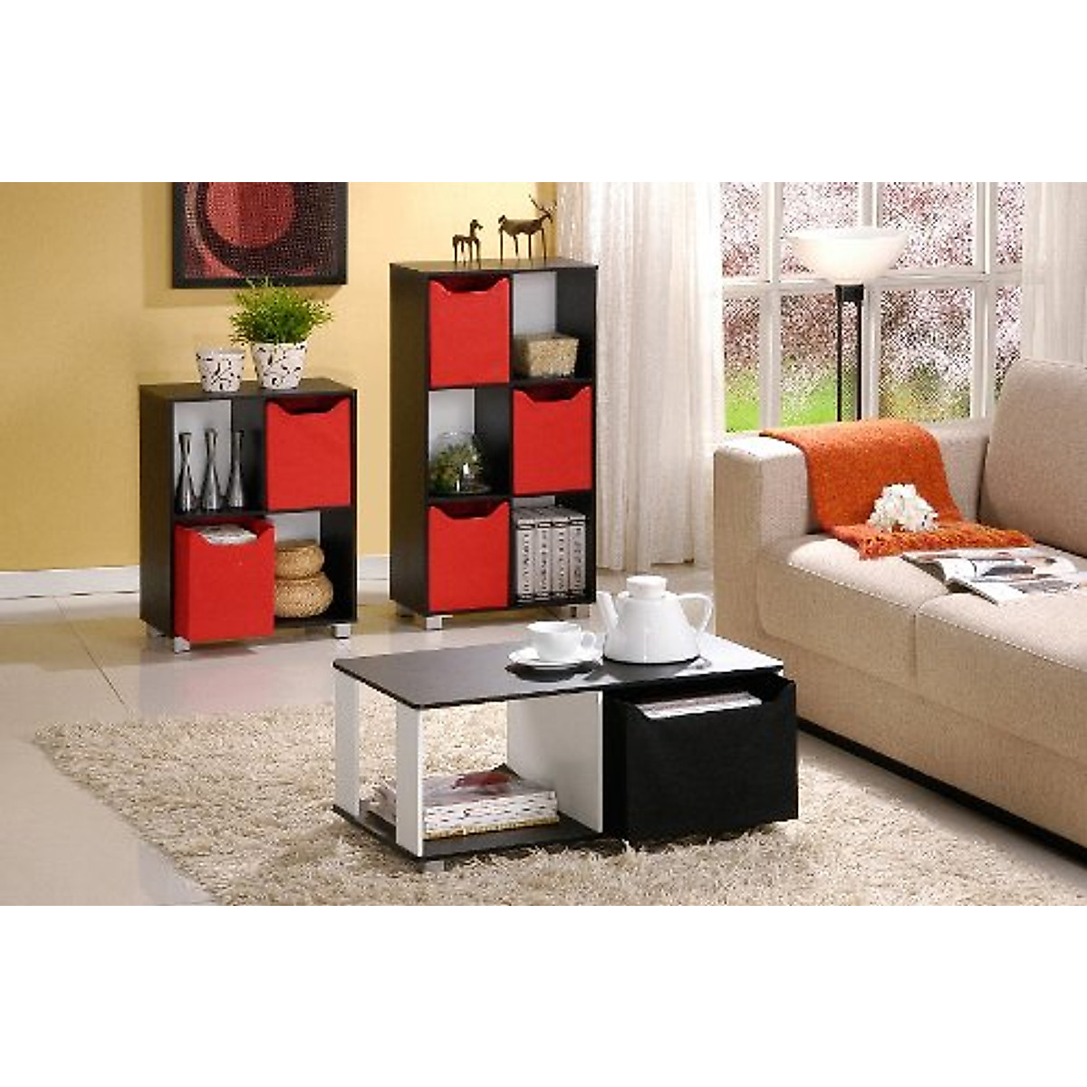 Furinno Coffee Table with Bin Drawer, Black & White