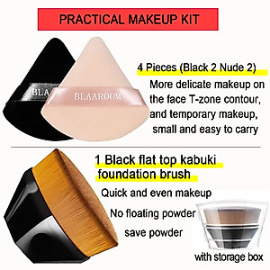 4+1 Pcs Velour Triangle Powder Puff and Kabuki Foundation Brush for Face Makeup Eyes Contouring Bod for Mixed Liquid Cream Flawless Loose Powder Cosmetic Foundation Makeup Tool Black & Nude