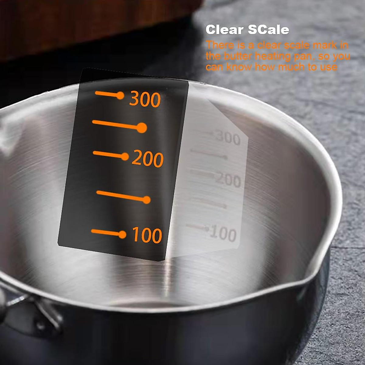 Butter Warmer Pot，Inside with clear scale Small Saucepan with Heat Resistand Wooden Handle and Dual Pour Spout Stainless Steel Small Milk Saucepan(size:300ml)