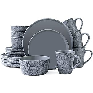 Bestone 16 Piece Round Kitchen Dinnerware Set,Plates and Bowls sets,Dishes, Plates, Bowls, Mugs, Dish Set，Plates and Bowls,Service for 4, Stoneware (round, grey matte)