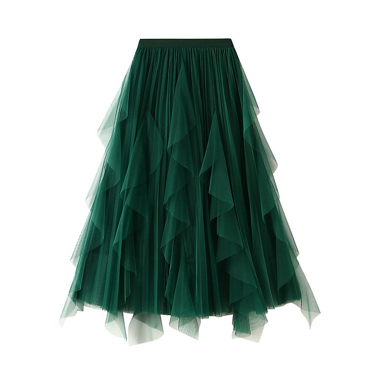 ebossy Womens Elastic High Waist Tutu Tulle Tiered Skirt Sweet Layered Ruffles Mesh Midi Fairy Skirts with Lined(1size,G-deepgreen)