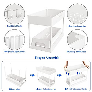 Teliaskin Under Sink Organizers and Storage,2 Tier Under Bathroom Storage Rack with 4 Hooks,Multi-Purpose Storage Shelf for Bathroom Kitchen(White)