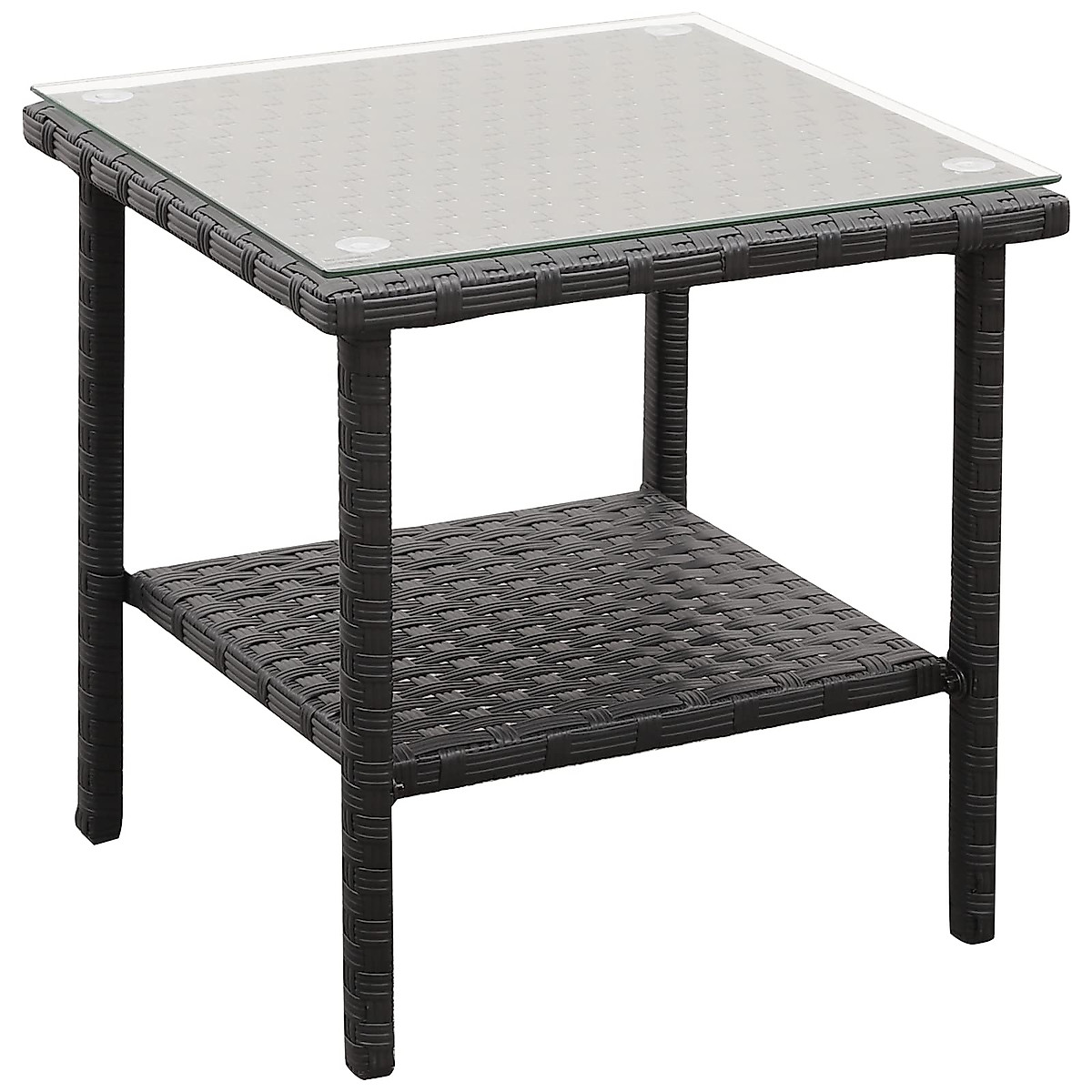 Outdoor Wicker Glass Top Side Table - Patio Balcony Deck Pool Square End Table with Storage, Black