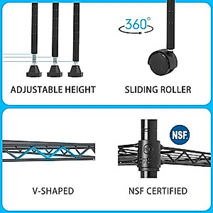 24/7 Shop at Home Rex Industrial 5 Tier Wire Shelving Rack with Wheels, Adjustable Shelves and NSF Certified, Metal Storage Shelves for Kitchen, Office, Garage, Basement, Laundry Room, Black