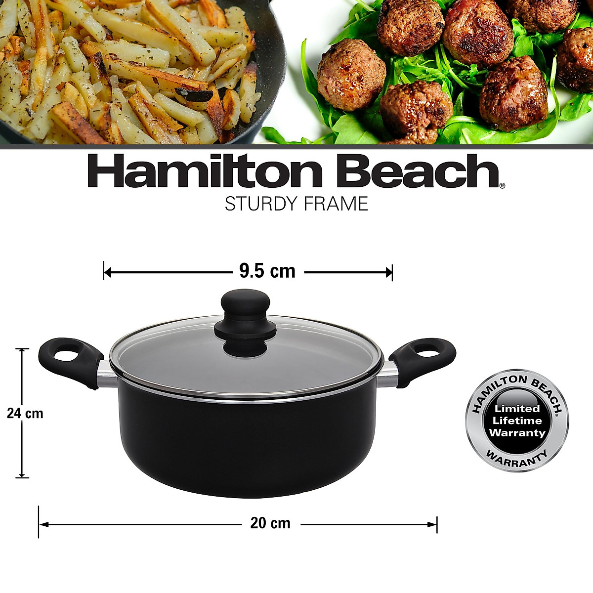 Hamilton Beach Nonstick Covered Dutch oven 3-Qt - Black Aluminum Dutch oven with Soft Touch Bakelite Handle & Glass Lid - Flared Edge - Spiral Bottom, Multipurpose Use - Durable & Dishwasher Safe