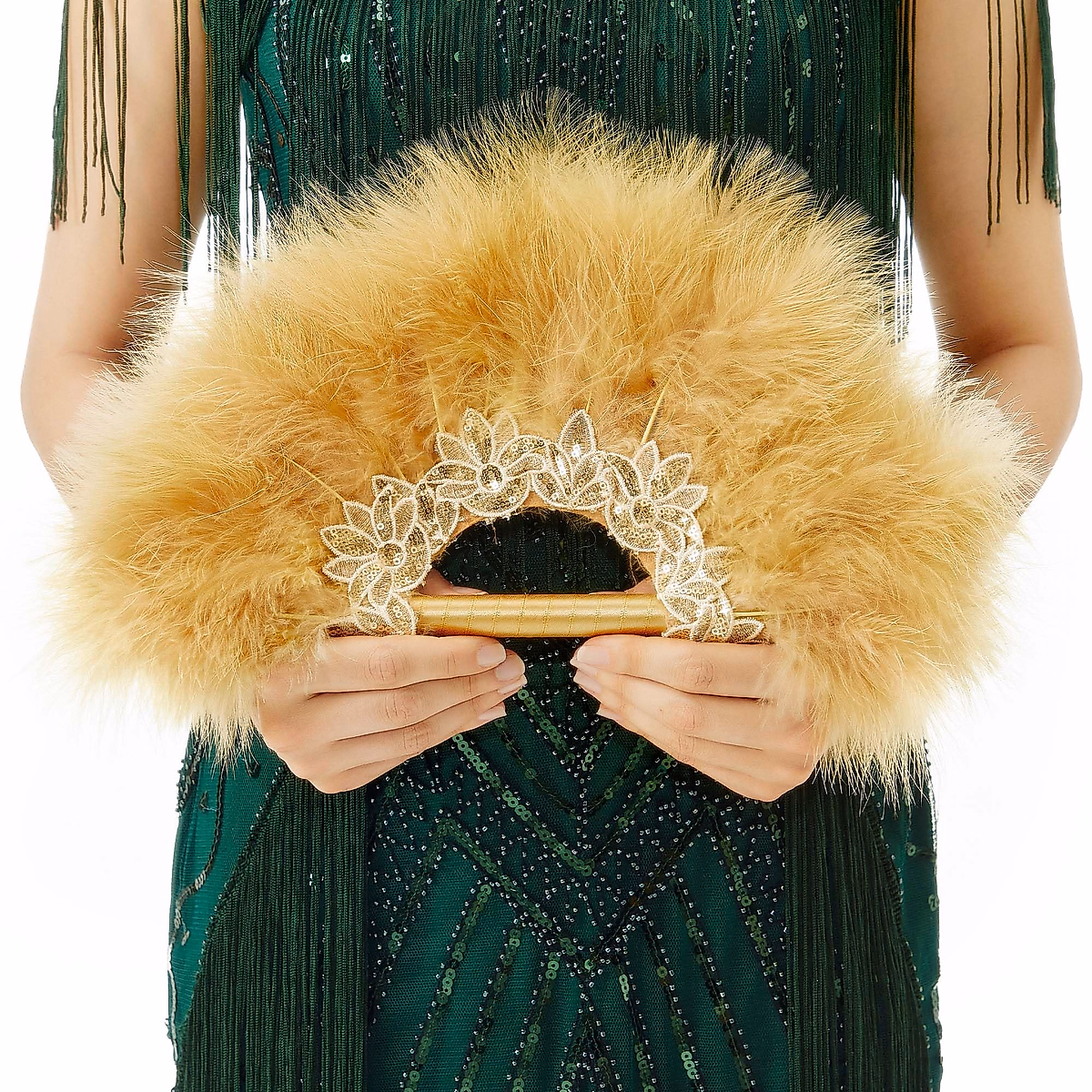 BABEYOND 1920s Marabou Feather Fan - Vintage Handheld Fan Bridal Feather Bouquet Bridesmaids Fan for Wedding (Yellow)