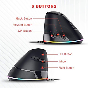 Havit Ergonomic Vertical Mouse RGB Backlit Wired Computer Mice 6 Adjustable DPI(800-1600-2400-3200-4800-6400) 6 Buttons for Laptop PC Desktop, Notebook