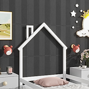 Floor Bed with Rails, Twin Size Montessori Bed with House Shape Headboard and Fence, Wood Floor Bed Frame for Kids Boys Girls, Box Spring Needed, White