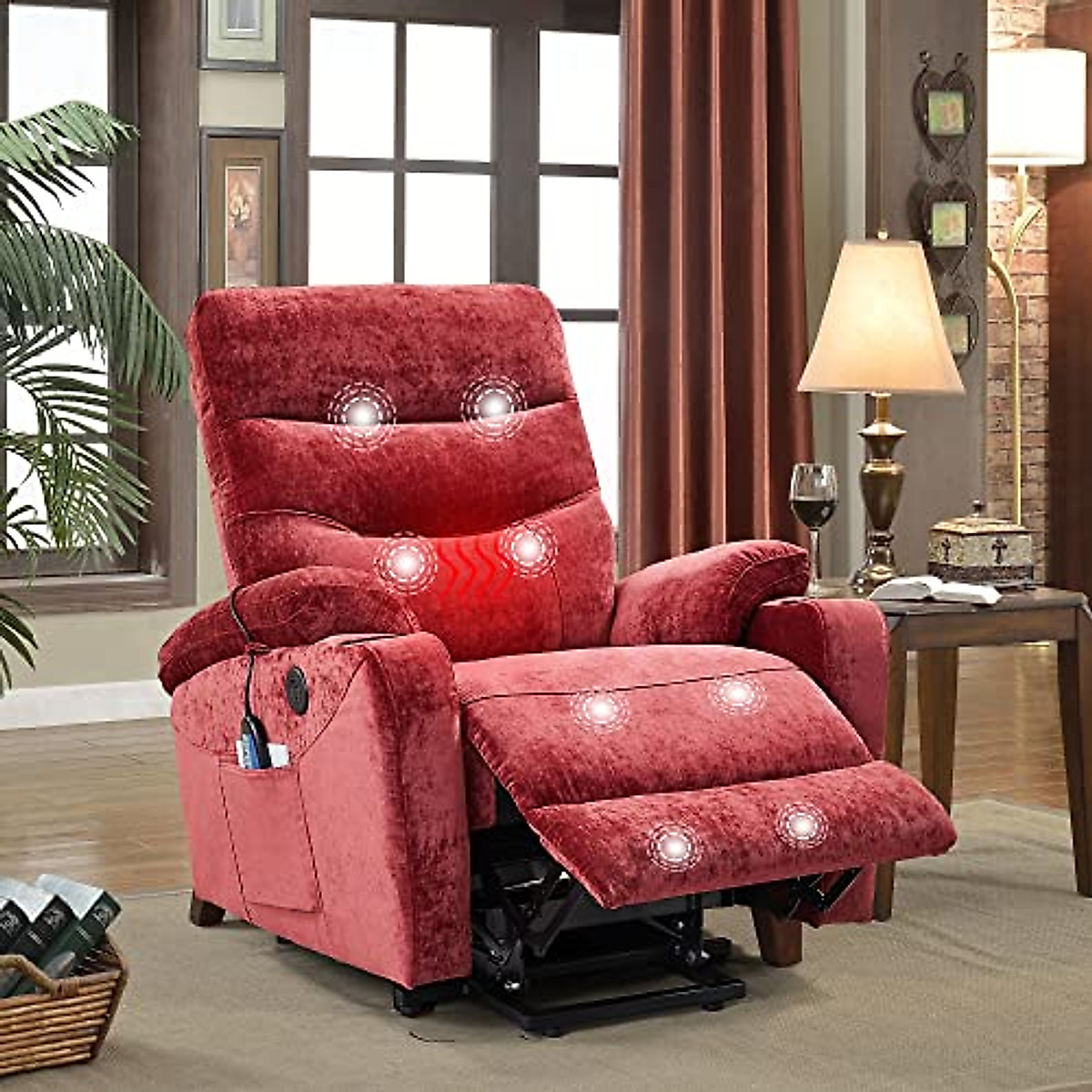 Electric Power Lift Recliner Chair, Vibration Massage Heated Chair for Elderly, Fabric Single Chair with 2 Side Pockets, Lounge Chair with 2 Cup Holders,1 USB Charge Port for Living Room Red