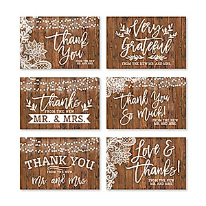 24 Rustic Wedding Thank You Cards With Envelopes, Elegant Bridal Shower Thank You Note From The New Mr. & Mrs. Newlywed Faux Wood Gratitude Supplies, 4x6 Personalized Bulk So Grateful Stationery