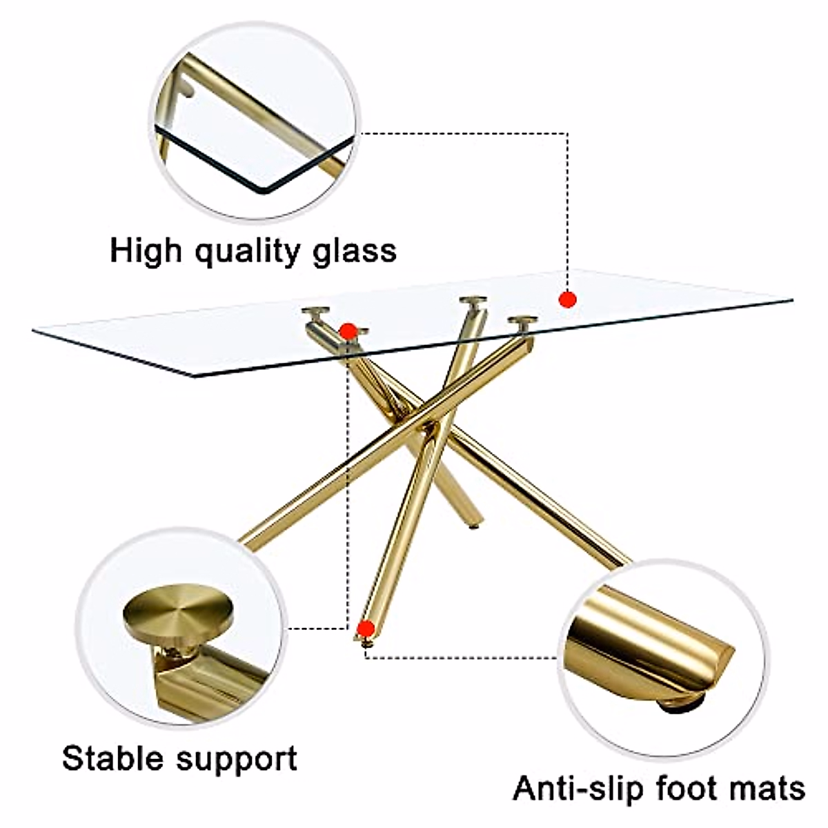 71 inch Glass Dining Table with Clear Rectangular Glass Top, 4 Chrome Golden Legs Modern Rectangular Glass Kitchen Table Furniture for Home Office Kitchen Dining Room, 6-8 People