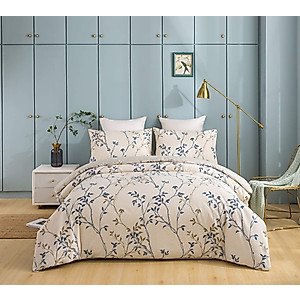 Tache Elegant Leaf Vine Nature Earthy Floral Neutral Cream Beige Tan Blue Breathable Poplin Cotton Zipper Duvet Cover, King