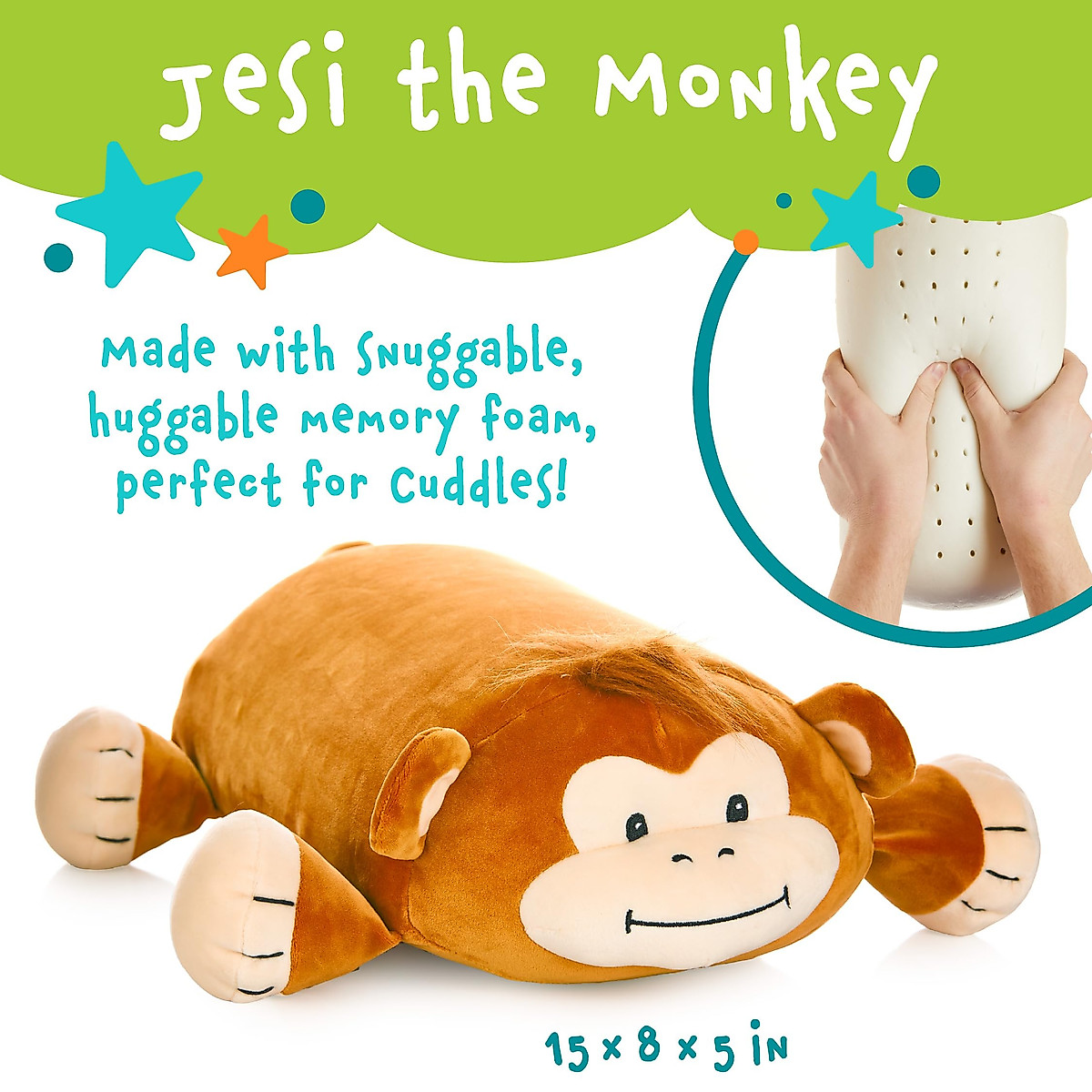MEMORY MATES Cuddly Memory Foam Pillow Plush with Belly Pocket, Kids Pillow for Hugging Sleeping & Storing Diary, 15” Stuffed Animal & Journal Set - Jesi The Monkey