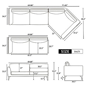 FANCUF Leather Corner Sectional Sofa with Metal Legs, Huge Corner Wedge Design, English Arm Sofa for Living Room, Grey