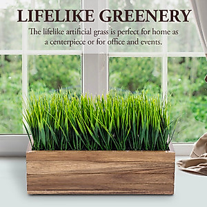 MyGift 14 Inch Artificial Green Grass Plant in Solid Acacia Wood Planter Window Box, Faux Greenery in Decorative Rectangular Crate Style Wooden Container