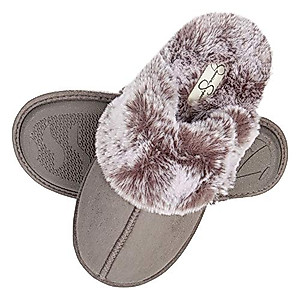 Jessica Simpson Women's Comfy Faux Fur House Slipper Scuff Memory Foam Slip on Anti-Skid Sole, Grey, Small