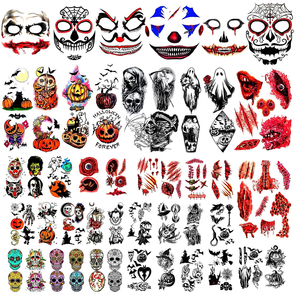 Yazhiji 42 Sheets Halloween Temporary Tattoo Family Set Day of Dead Pumpkin Ghost for Women Black Fake Death Skull Skeleton Tatoos for Men Boy and Girl, Halloween Zombie Makeup Tattoo Kit