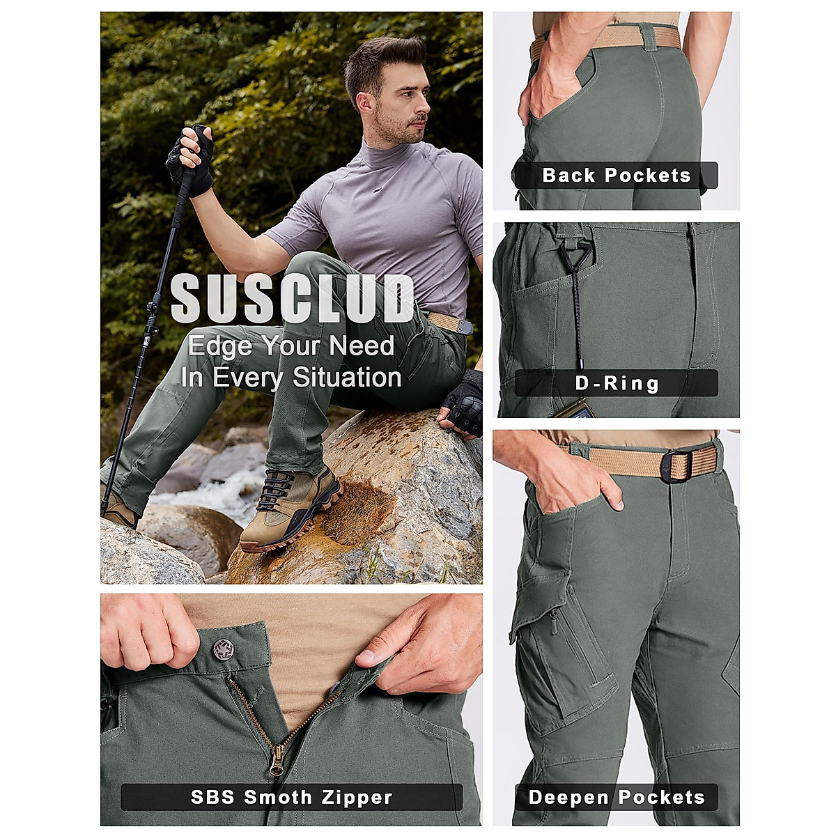 Susclude Men's Tactical Pants Stretch, 9 Pockets Rip Stop Lightweight Cargo Work Military Trousers Outdoor Hiking Pants Gray Green 28Wx28L