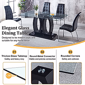 Pvillez Glass Dining Table for 6 People, 63" Modern Glass Dinner Kitchen Table for Dining Room Kitchen, Rectangular Glass Top Dining Table with Black High Gloss Dual Oval Base Pedestal Dining Table