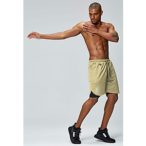 Pinkbomb Men's 2 in 1 Running Shorts Gym Workout Quick Dry Mens Shorts with Phone Pocket (Khaki, Medium