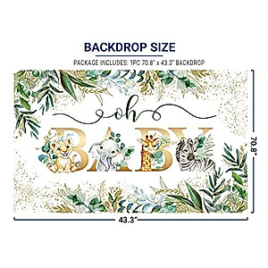 Allenjoy 70.8" x 43.3" Safari Baby Shower Backdrop Jungle Animals Oh Baby Party Banner Gold Greenery Leaves Decor Wild Gender Neutral Party Decorations Supplies