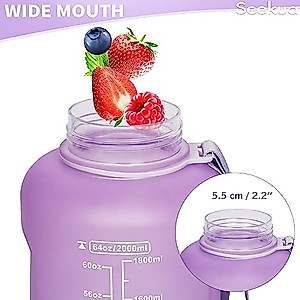 Seekua Large Tritan Water Bottle with Straw & Time Marker, Motivational Half Gallon Daily Drinking Water Bottle with Strap Big Water Jug for Sports, Gym, Fitness, Travel, 2 Lids, 64 oz