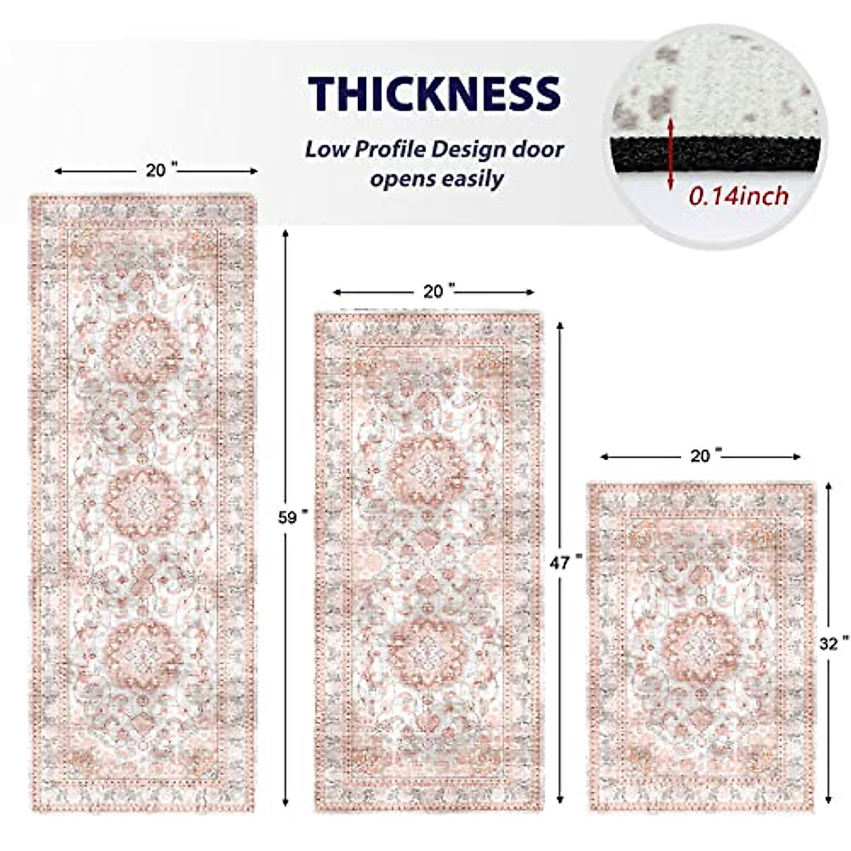 MELAJIA Boho Kitchen Rugs Sets of 3 Non Slip Washable Pink Durability Laundry Room Mat for Washer and Dryer Easy to Wipe Low-Profile Runner Rug for Hallway Entryway Bathroom