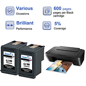 SuperInk Replacement Compatible for HP 62XL 62 XL C2P05AN Ink Cartridge High Yield (5 Black) Use in Envy 5665 7640 7643 7644 7645 8000 8005;Officejet 200 250 258 5743 5744 8040 8045 Printer