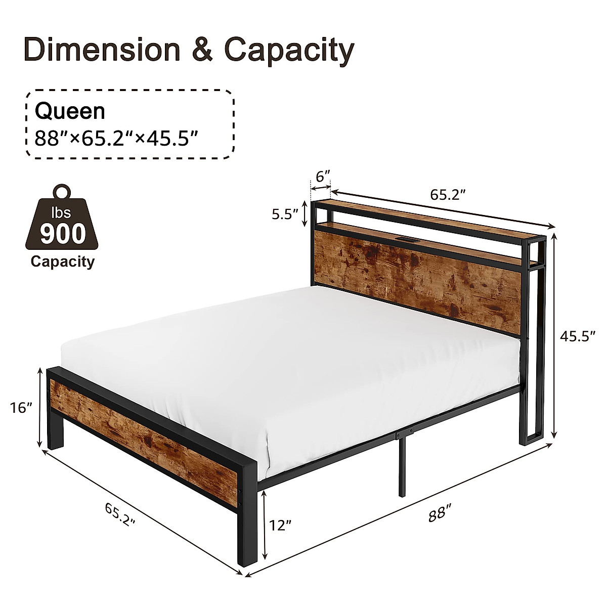LUXOAK Queen Size Bed Frame, Platform Bed Frame with 2-Tier Storage Headboard and Charging Station/No Box Spring Needed/Noise Free/Industrial/Rustic Brown