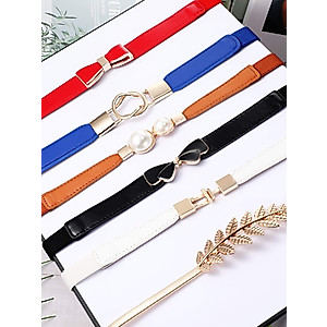 6 Pieces Women Skinny Waist Belts Stretch Waist Buckle Belts Thin Elastic Waist Cinch Belts Retro Faux Leather Waist Band with Metal Buckle for Women Girls