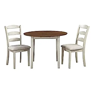 OSP Home Furnishings Murphy 3-Piece Drop-Leaf 42 Inch Round Dining Table and Chairs Set, Tobacco Top and Cream Base