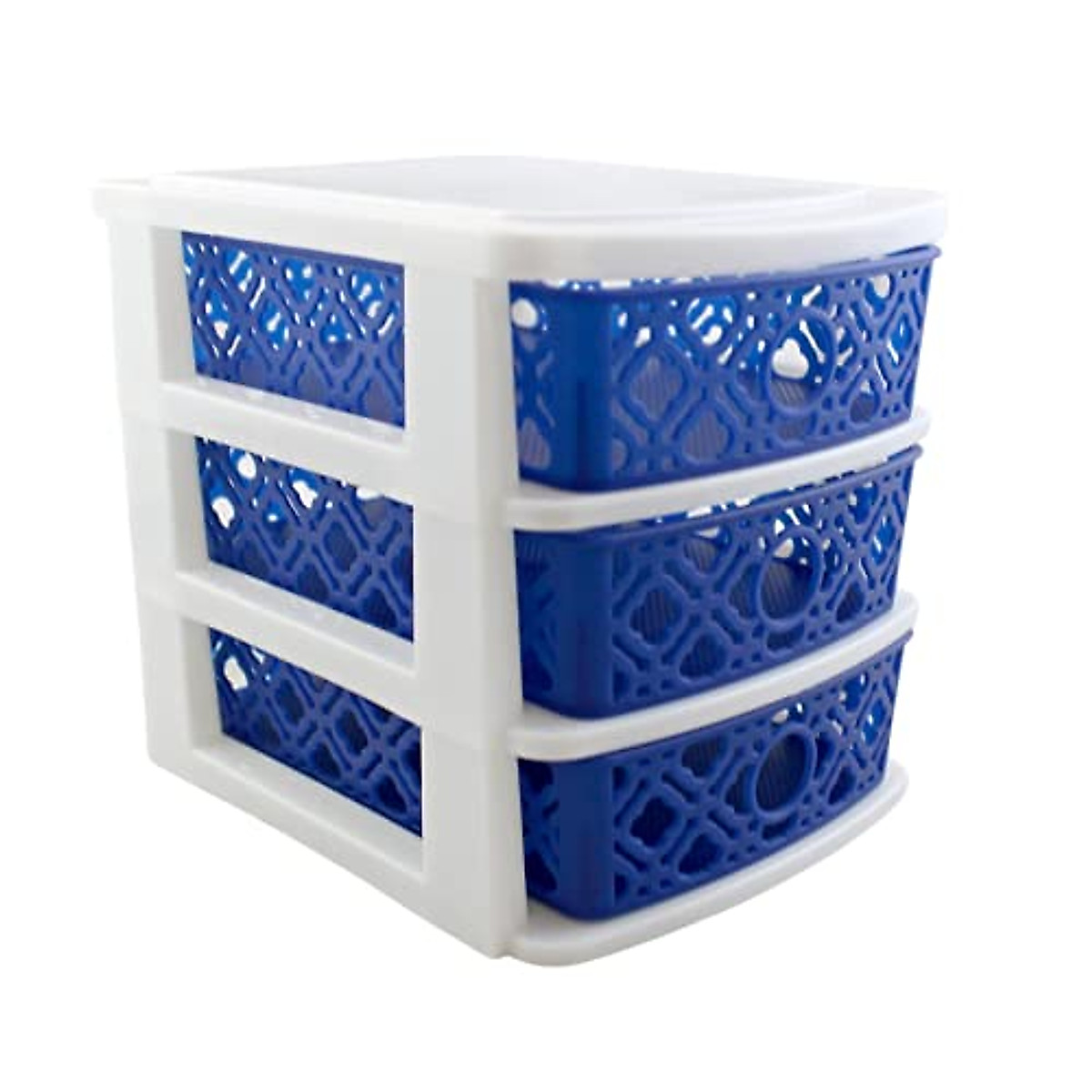 Dependable Industries Inc. Essentials 3 Drawer Basket Weave Mini Plastic Organizer Makeup HBA Cosmetics Arts & Crafts Desktop Stationary (Blue)