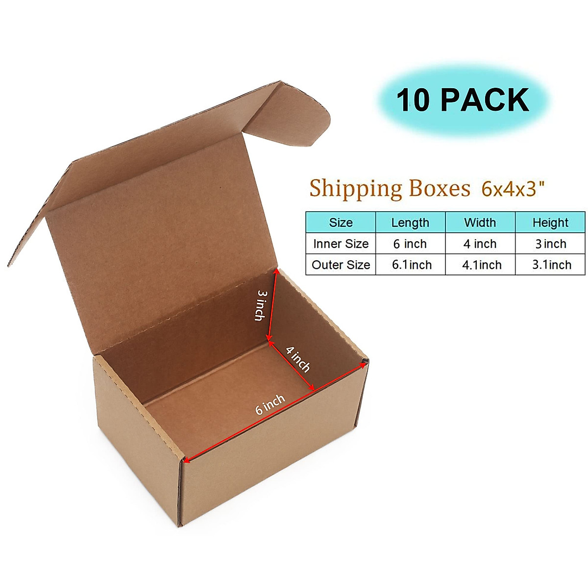 10 Pack Small Shipping Boxes 6x4x3'' Corrugated Small Cardboard Boxes for Shipping, Recyclable Packaging Boxes for Small Business, Mailer, Gift Packing, Crafts Packing, Jewelry Box Shipping, Brown