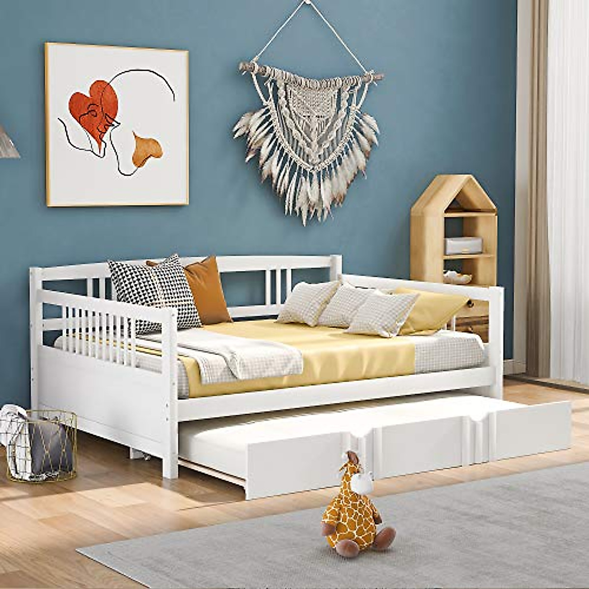 Lepfun Full Daybed with Twin Size Trundle, Wood Full Size Bed Frame with Rails in Three Sides, Full Sofa Bed for Living Room, Bedroom, Apartment, Dorm, No Box Spring Needed (Full, White)