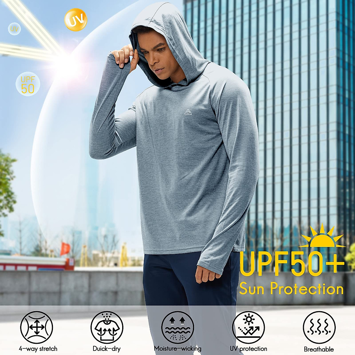 Haimont Men's UPF 50+ Sun Protection Hoodie Shirt Long Sleeve Rash Guard Fishing SPF Outdoor UV Shirt Lightweight, Haze Blue, XL