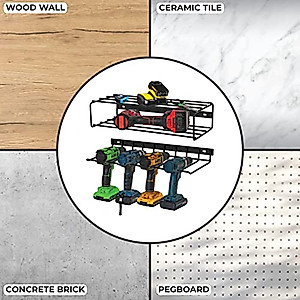 LADECH Set of 2 Holder Rack with Storage Shelf - Power Tool Organizer , Holds 4 Drills & Batteries - Heavy Duty Hanging Wall Mount for Garage , Home , Workshop