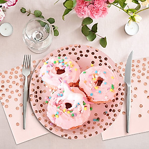 CENLBJ Pink and Rose Gold Paper Plates- 100 Pack- 50 x 7 Dinner Plates & 50 x 6.5 Napkins, Pink Paper Plates and Napkins Party Supplies for Baby Showers, Birthdays and All Occasions