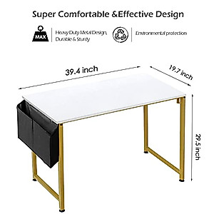 Lufeiya Computer Desk Small White Gold Writing Table for Home Office Compact Spaces 39 Inch Modern Student Study Desk,White Gold