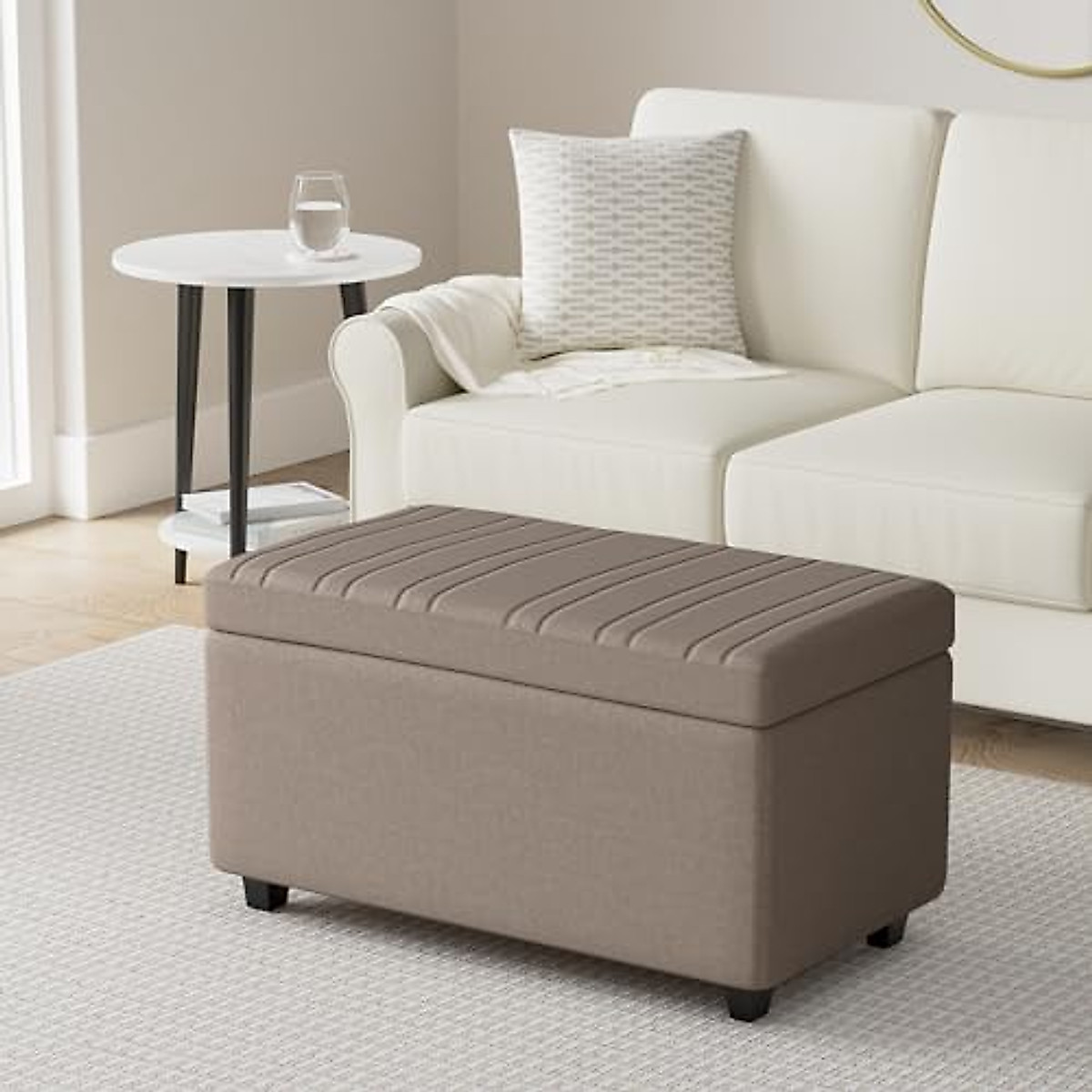 SIMPLIHOME Darcy 33 Inch Wide Contemporary Rectangle Storage Ottoman Bench in Fawn Brown Linen Look Fabric, For the Living Room, Entryway and Family Room