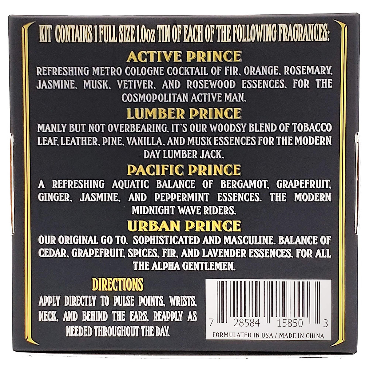 Premium Prince Solid Cologne 1 oz Variety Gift Set Alcohol Free Natural Concentrated Full Size Travel Friendly Tins Men's Fragrance 4 Manly Scents to Satisfy all Types of Viking Cannon Black Prime