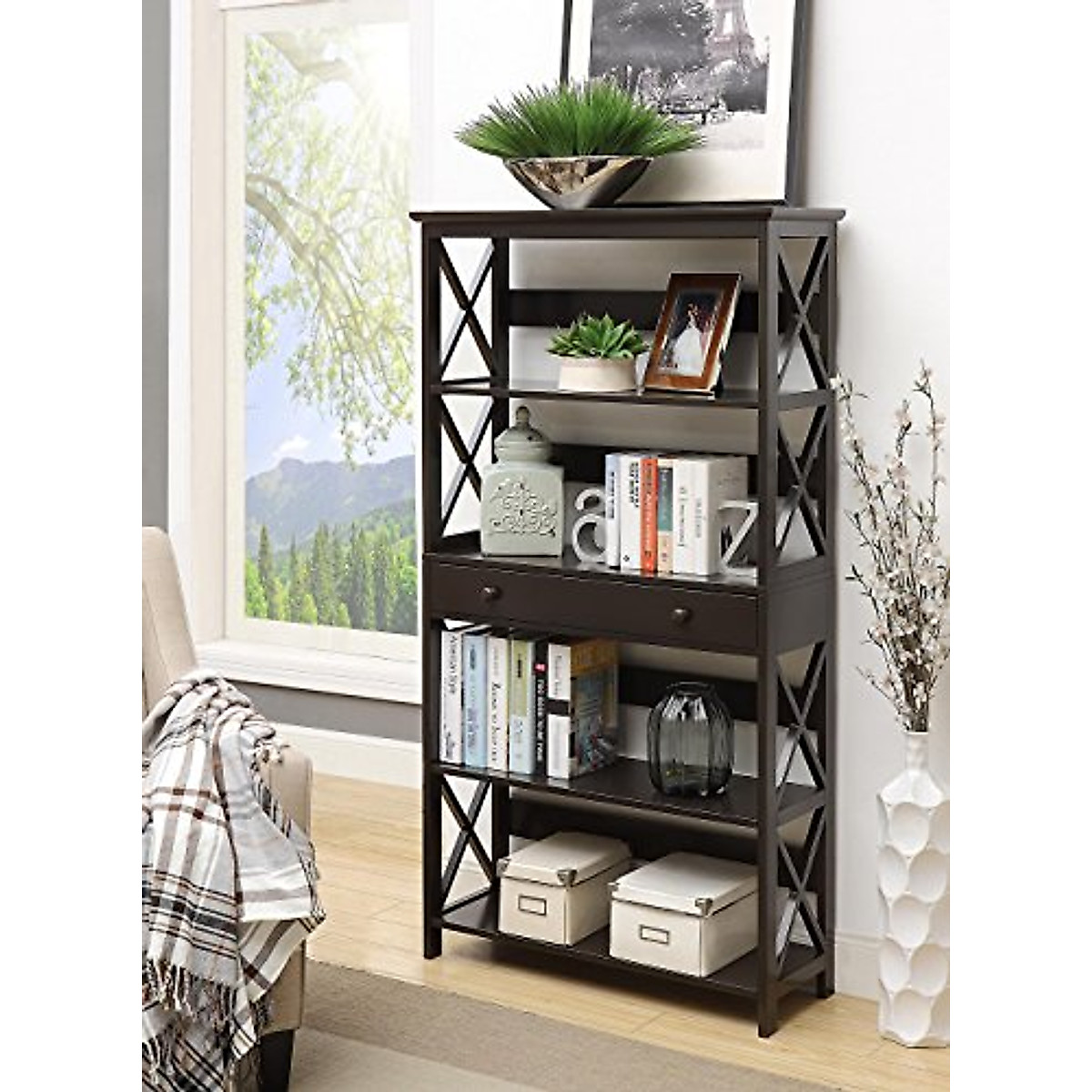 Convenience Concepts Oxford 5 Tier Bookcase with Drawer, Black