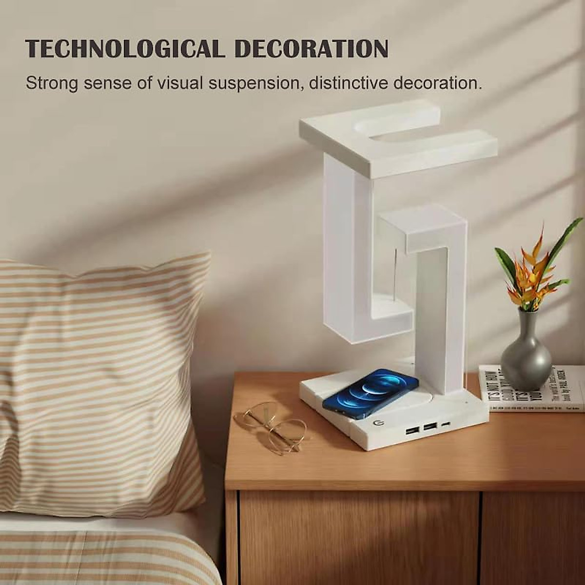 TEDATATA Suspension Anti-Gravity Table Lamp, Wireless Charging of Mobile Phone, Creative Home Furnishings LED Bedside Lamp, Bedroom Sleep Light Reading Light