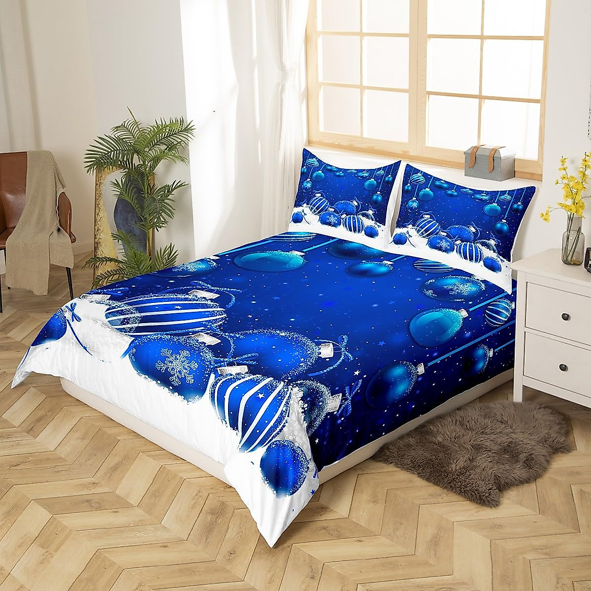 Christmas Bedding Set,Blue Christmas Snowflake Duvet Cover for Kids Teens Boys Girls,Xmas Theme Comforter Cover Decorative Room,Winter Snowflake Quilt Cover with 2 Pillowcases,King Size