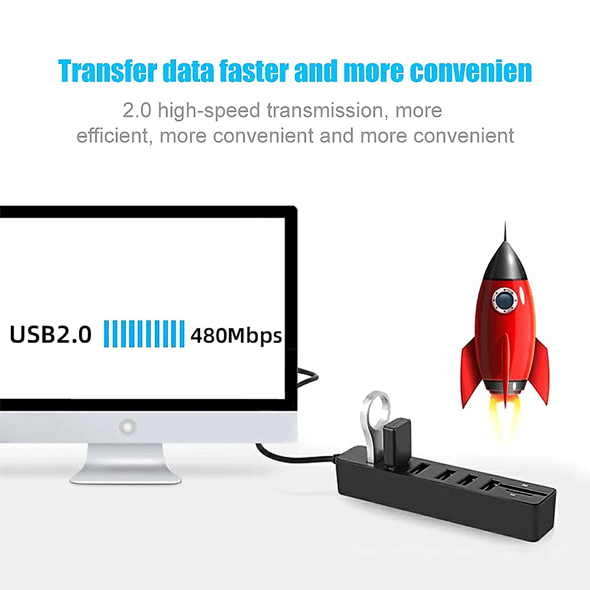 USB Hub, Universal Ultra Slim Data Hub 6 Port USB 2.0 Hub Multifunctional Splitter, 2.0 USB Extension Splitter with 60cm Cable(Black)
